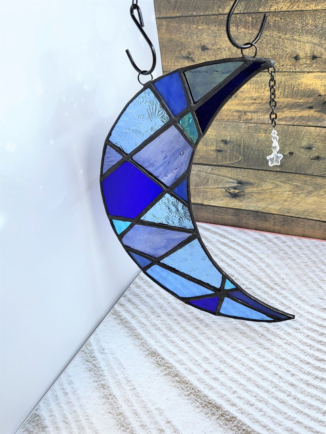 Blue 'crystal' Moon Lunar Dream With Dangling Charm Stained Glass - Etsy