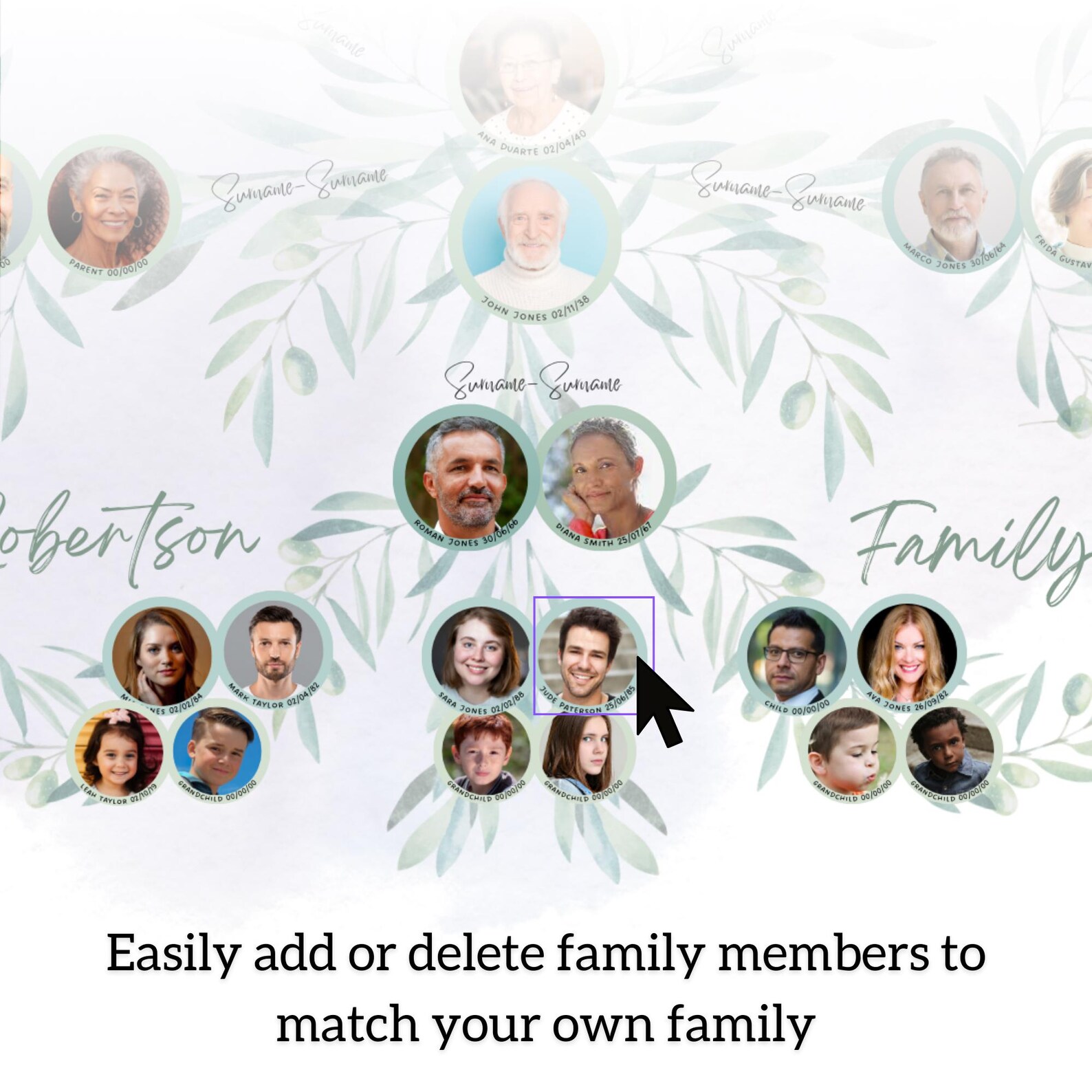 Family Photo Olive Tree Template: 5 Branch, 4 Generation (24x18 & A2 ...