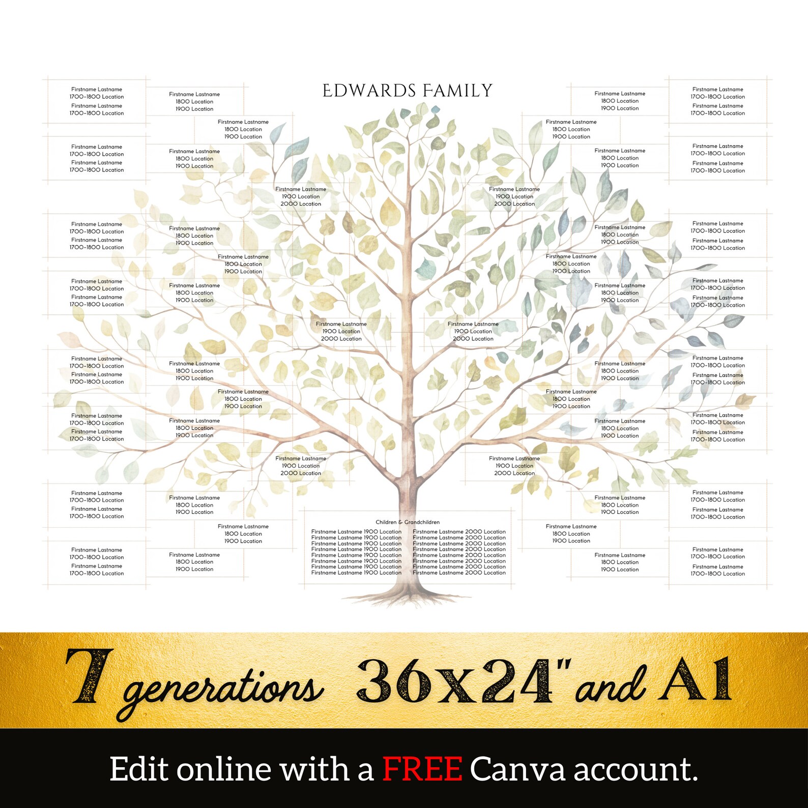 Spring Tree Family Template Canva Tree Chart 7 Generations 36 X 24 & A1 ...
