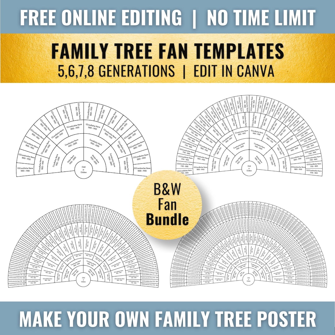 B&W Bundle 5 - 8 Generation Family Tree Fan Chart Templates (14x11" to ...