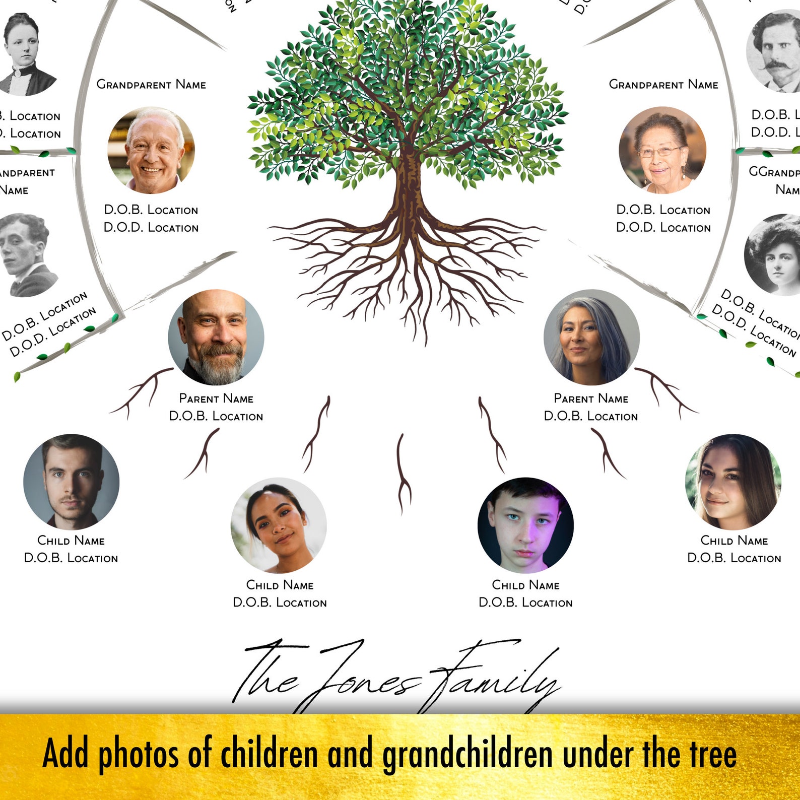Family Tree Template With Photo Frames for 4 Generations, Editable ...