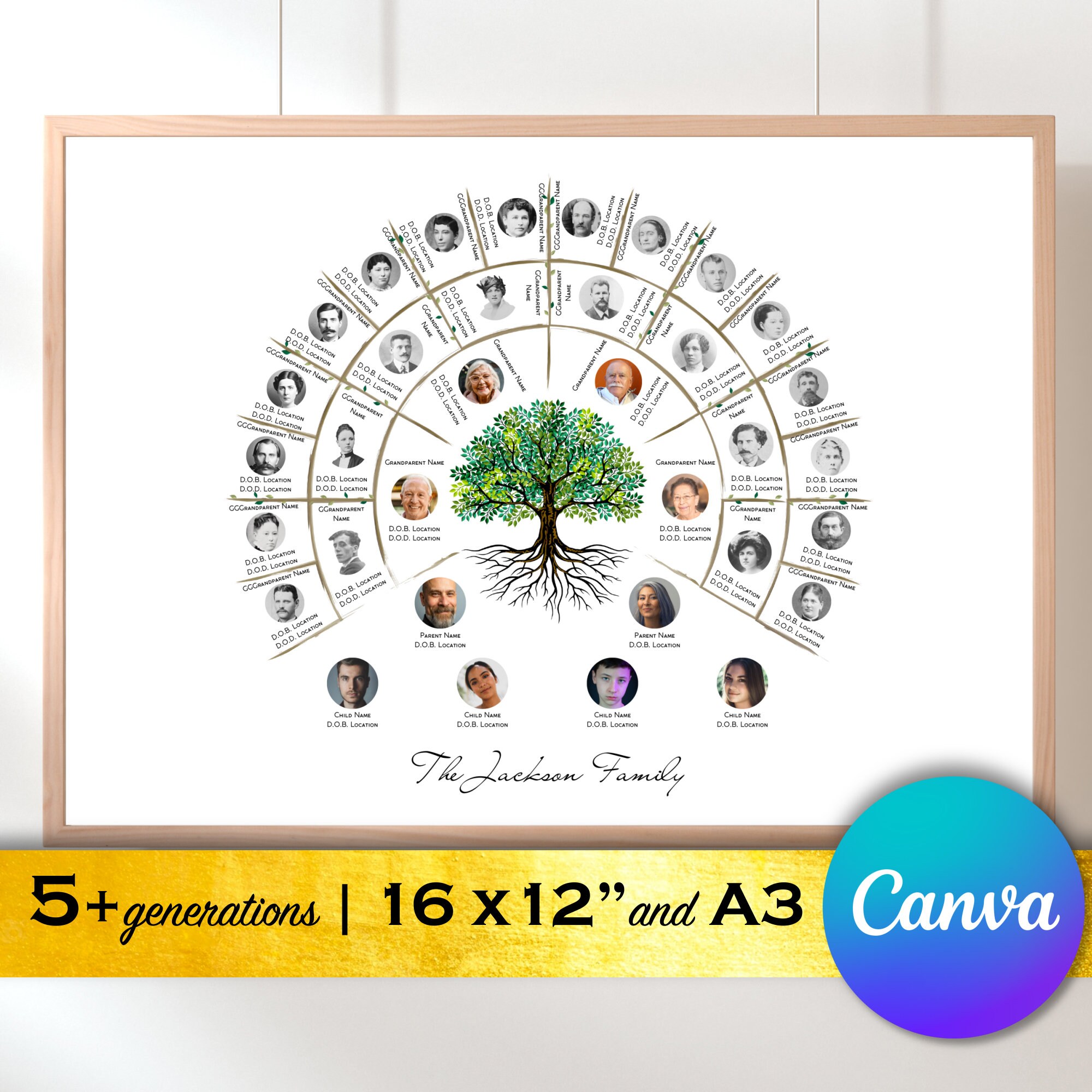 Family Tree Template With Photo Frames for 5 Generations - Etsy