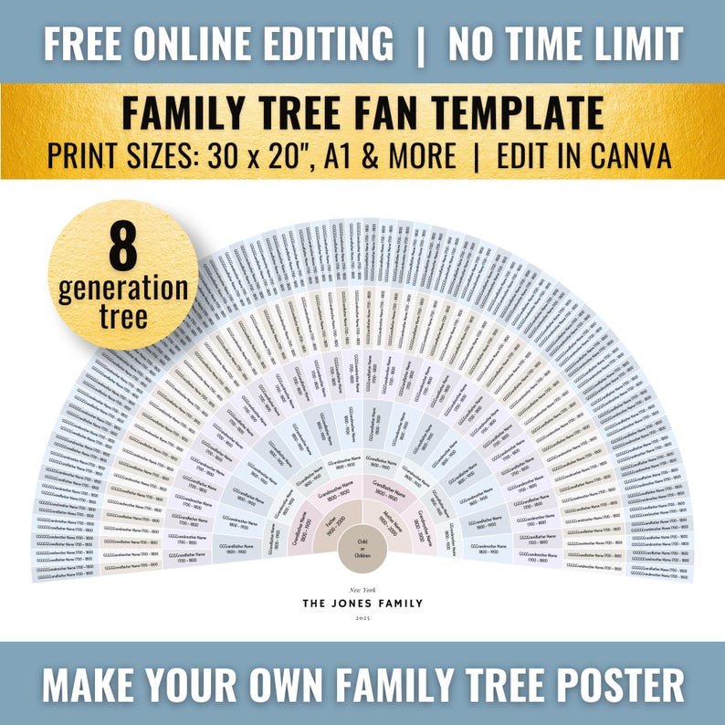 Family Tree Template - Pearl Fan Chart - 8 Generations - Edit in Canva ...