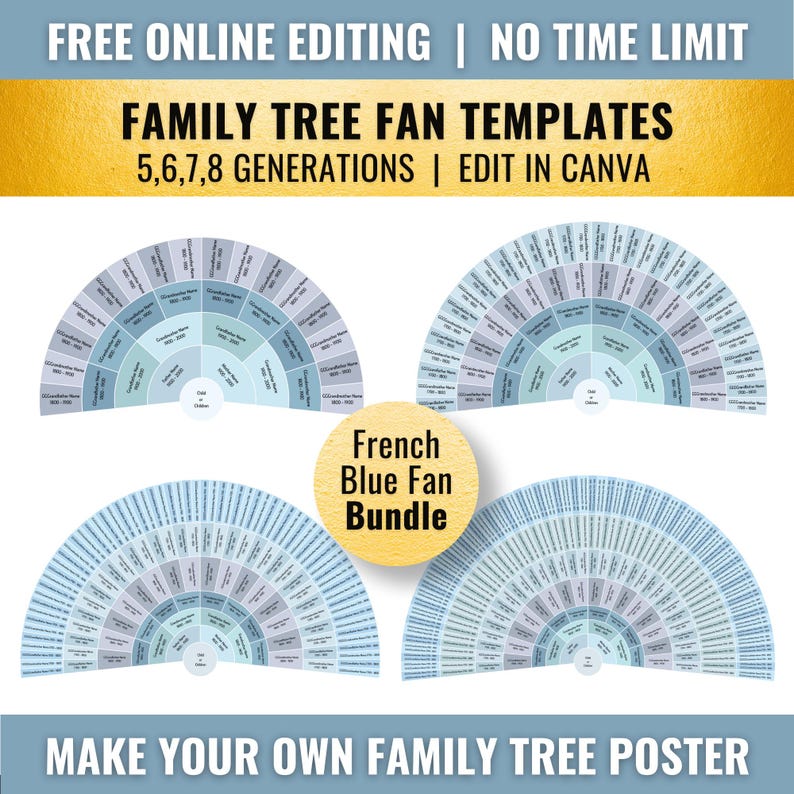 French Blue Bundle Family Tree Templates: 5-8 Generations Fan Chart ...