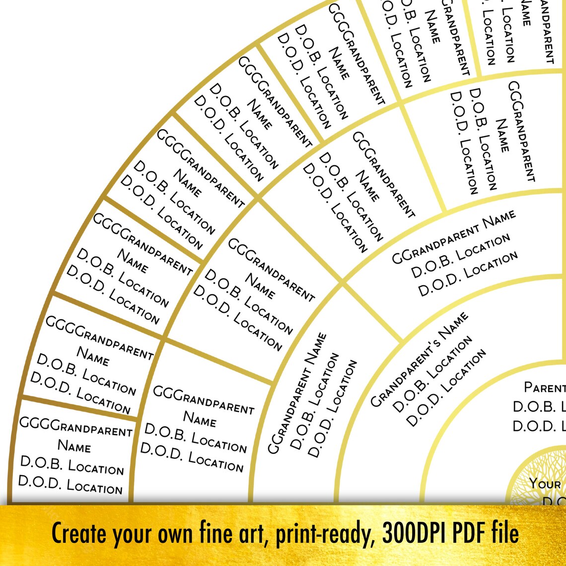 Family Tree Template, Canva Editable With a 6 Generation Gold Tree ...