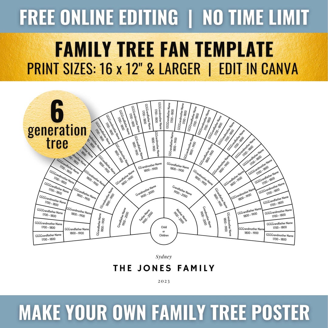 B&W 6 Generation Family Tree Fan Chart Template (16x12, Canva) - Etsy ...
