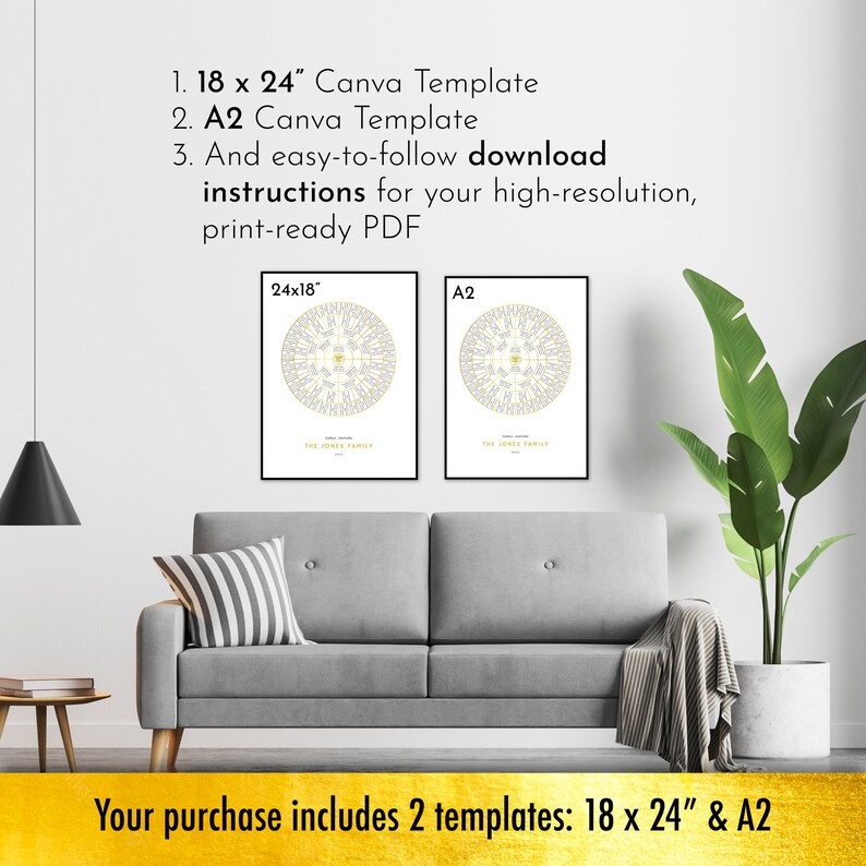 Family Tree Template, Canva Editable With a 6 Generation Gold Tree ...