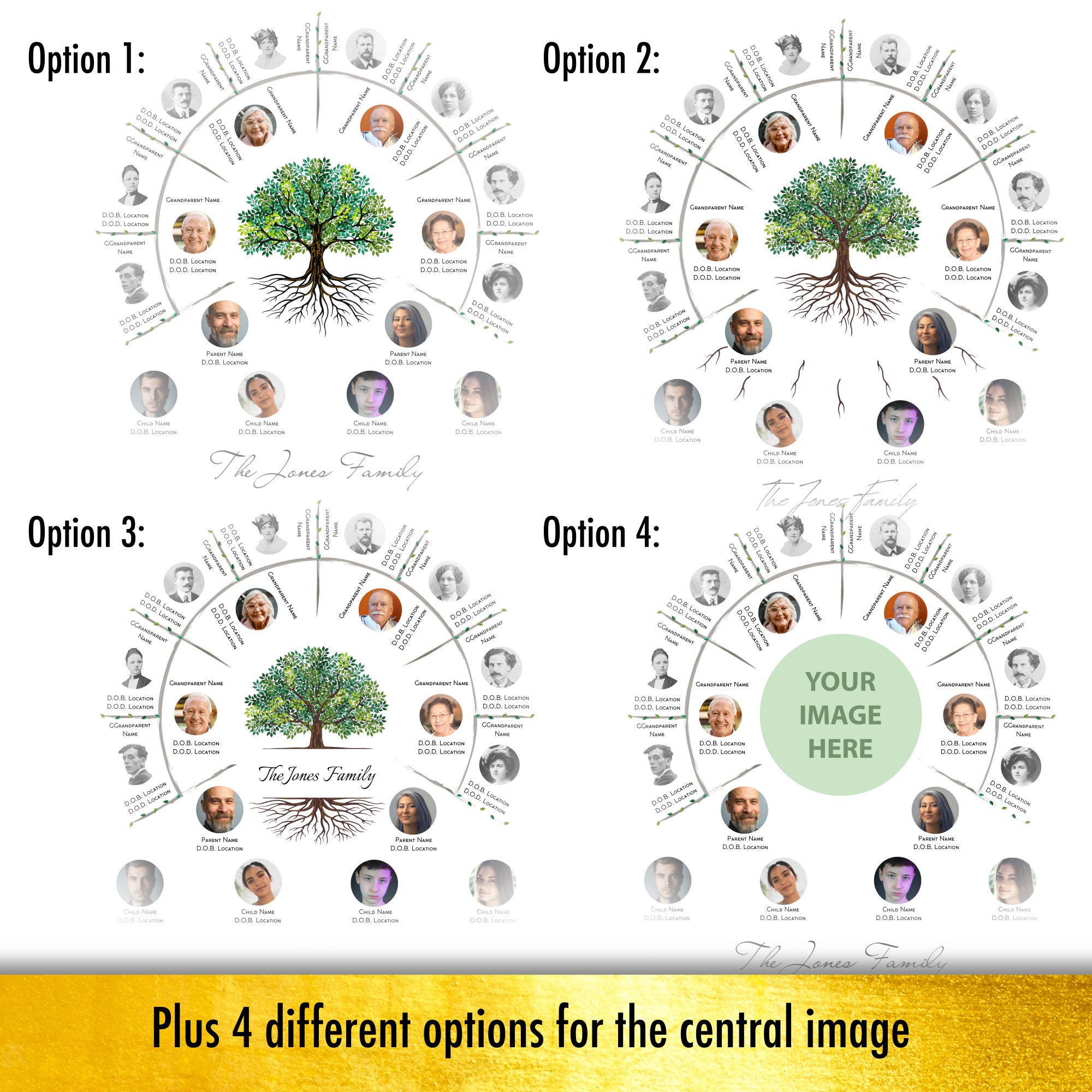 Family Tree Template With Photo Frames for 4 Generations, Editable ...