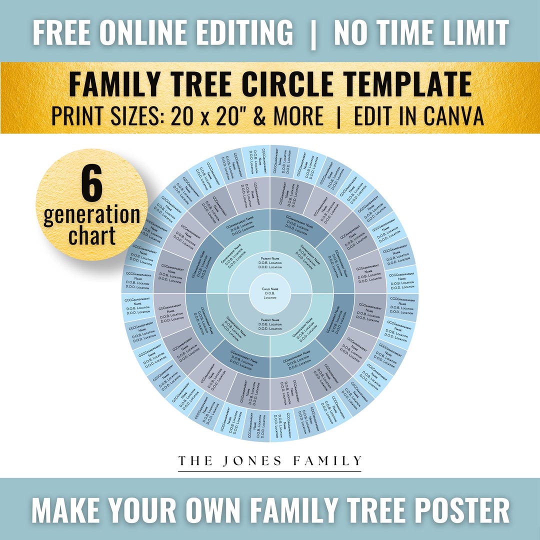 Family Tree Template - Circle Chart - French Blue Color Palette - 6 ...