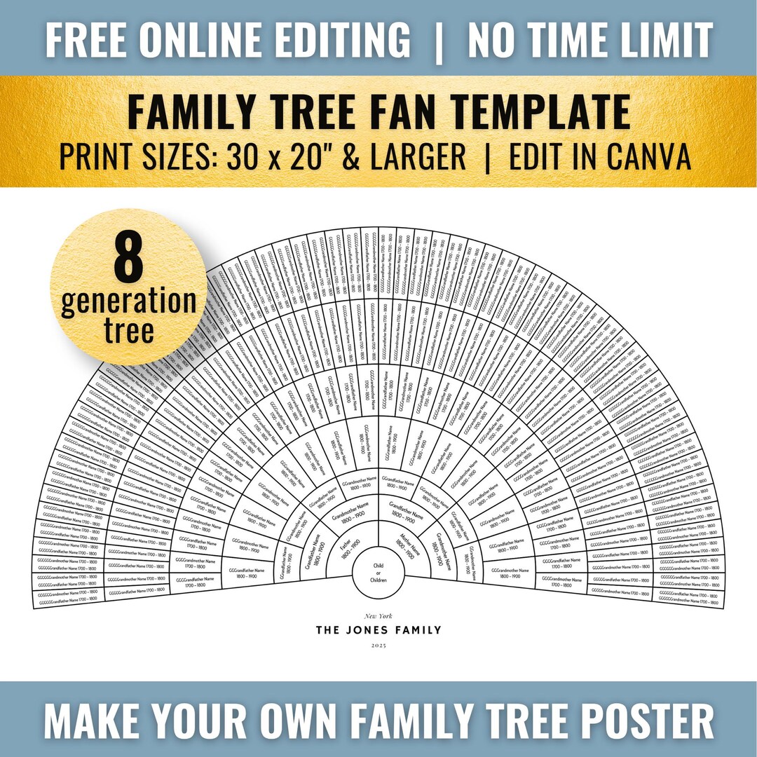 B&W 8 Generation Family Tree Fan Chart Template (30x20, Canva) - Etsy