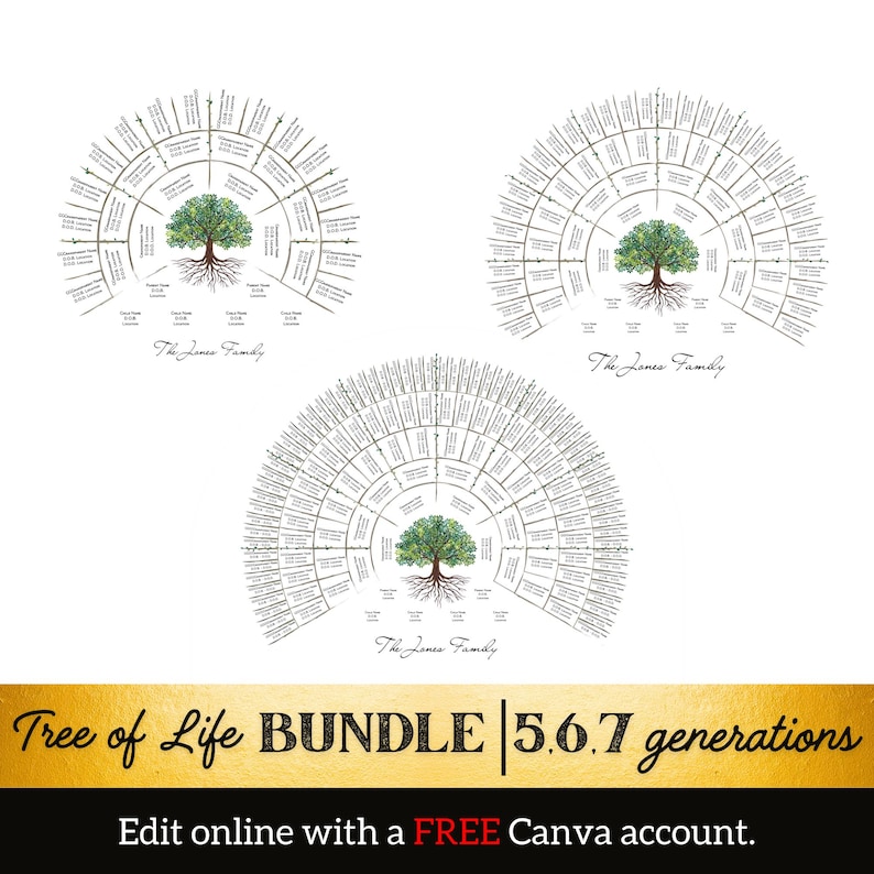 Family Tree of Life Template Bundle, 5, 6, 7 Generations, With a Tree ...