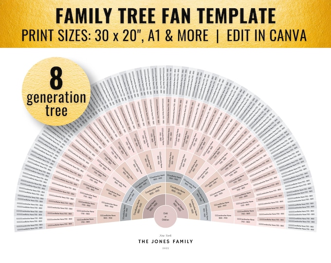 B&W 8 Generation Family Tree Fan Chart Template (30x20, Canva) - Etsy ...