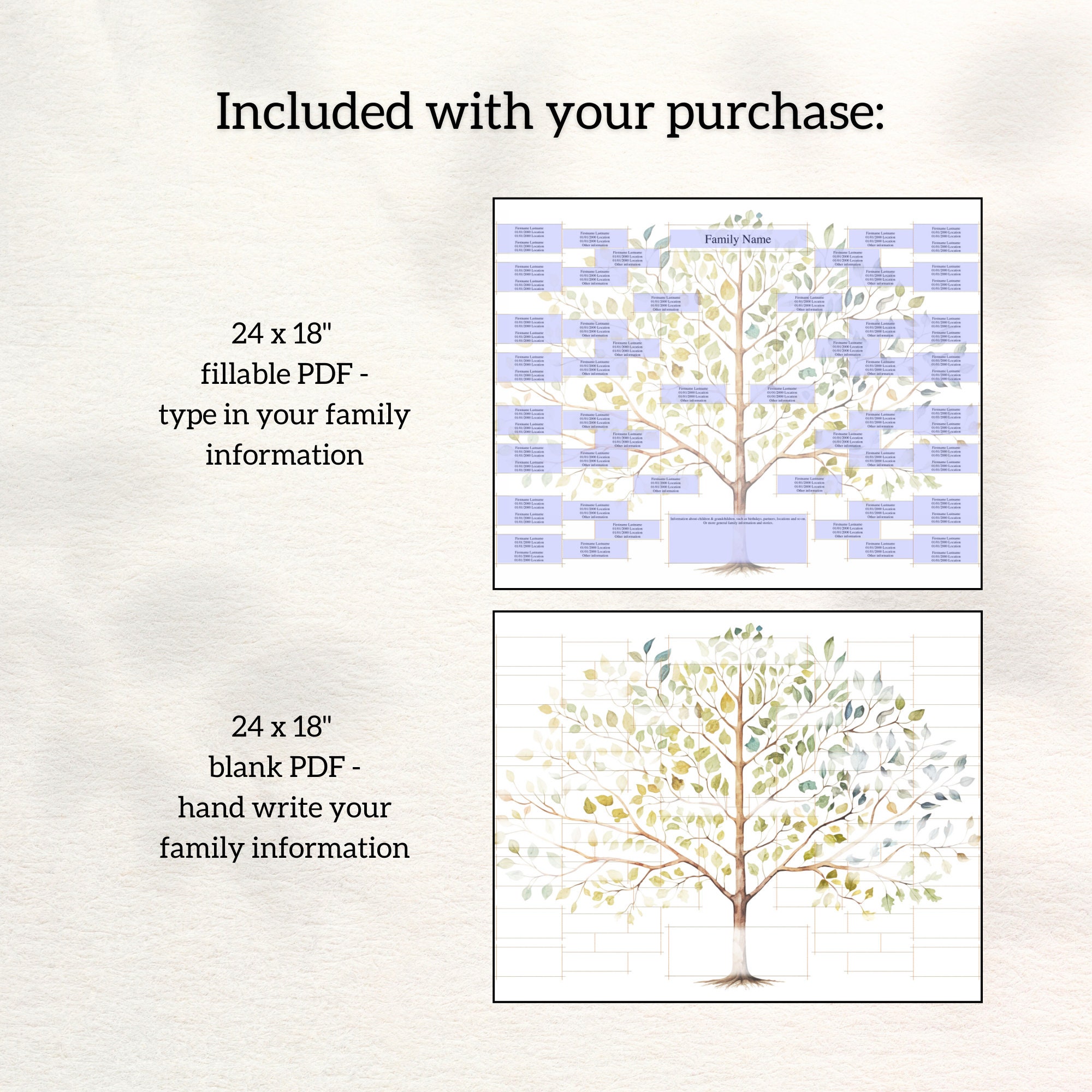Spring Tree Family Fillable PDF 6 Generations 24 X 18 & A2 by Bekspress ...