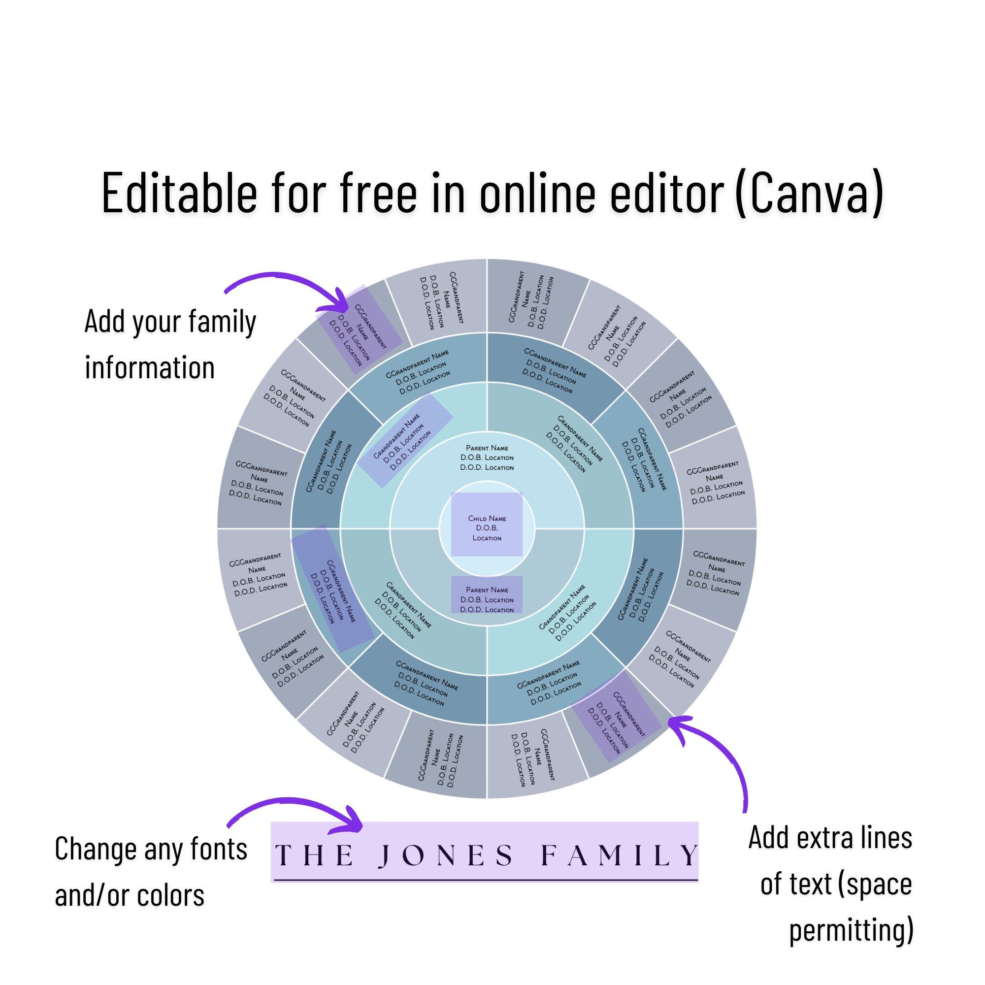 French Blue 5 Generation Family Tree Circle Template (20x20, Canva) - Etsy