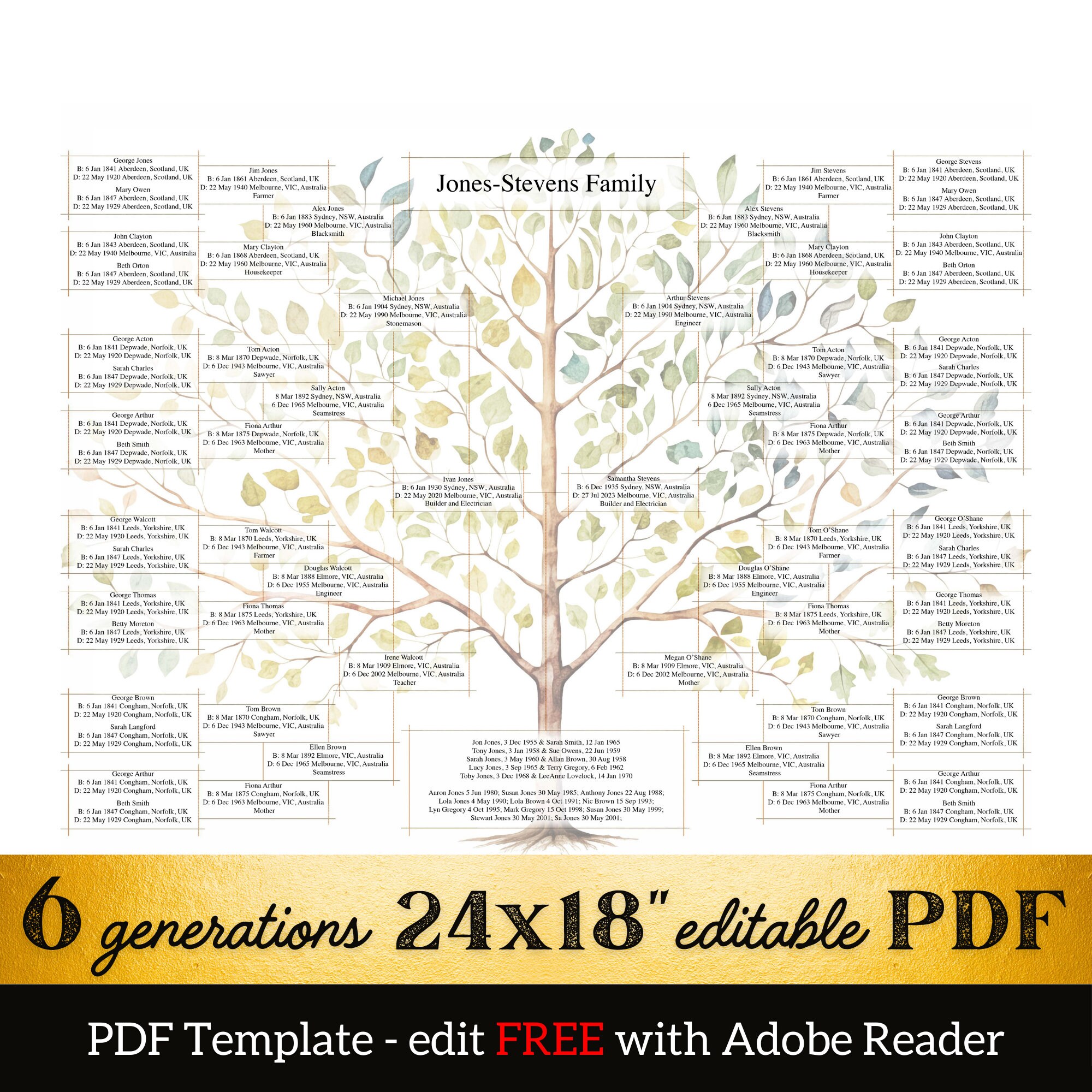 Spring Tree Family Fillable PDF 6 Generations 24 X 18 & A2 by Bekspress ...