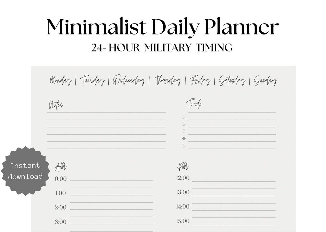 Digital Planner Minimalist Daily Planner 24 Hour Military Timing ...
