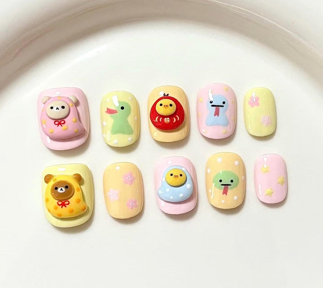 Rilakkuma Nail/ Cute Nails /hand-painted Cute Animal/color Fresh/cute ...