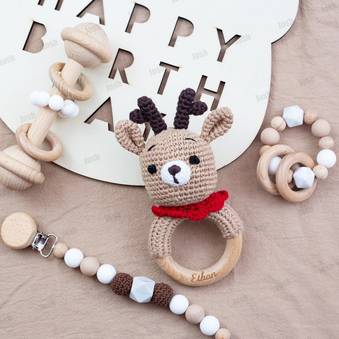 Personalized Reindeer Rattle Toy, Baby Keepsake, Wooden Toy, First ...