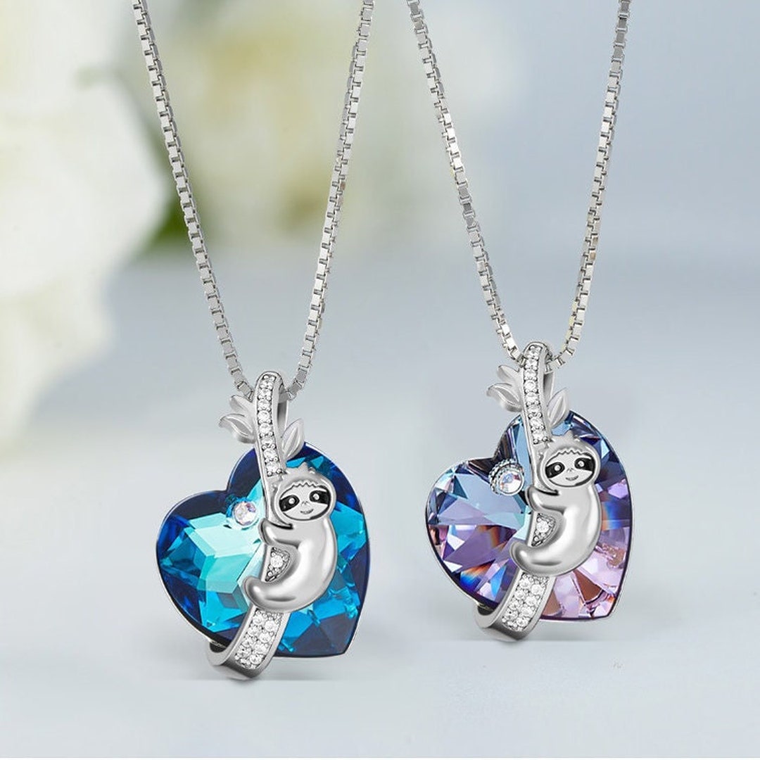 Sloth Heart Crystal Silver Necklace by CHICHARM Blue Purple - Etsy