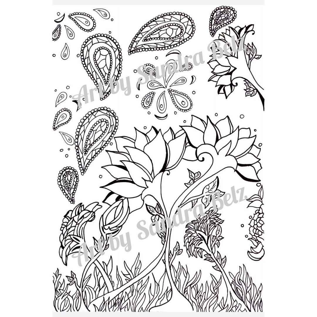 Flowers and Paisley Coloring Page, Digital Download - Etsy