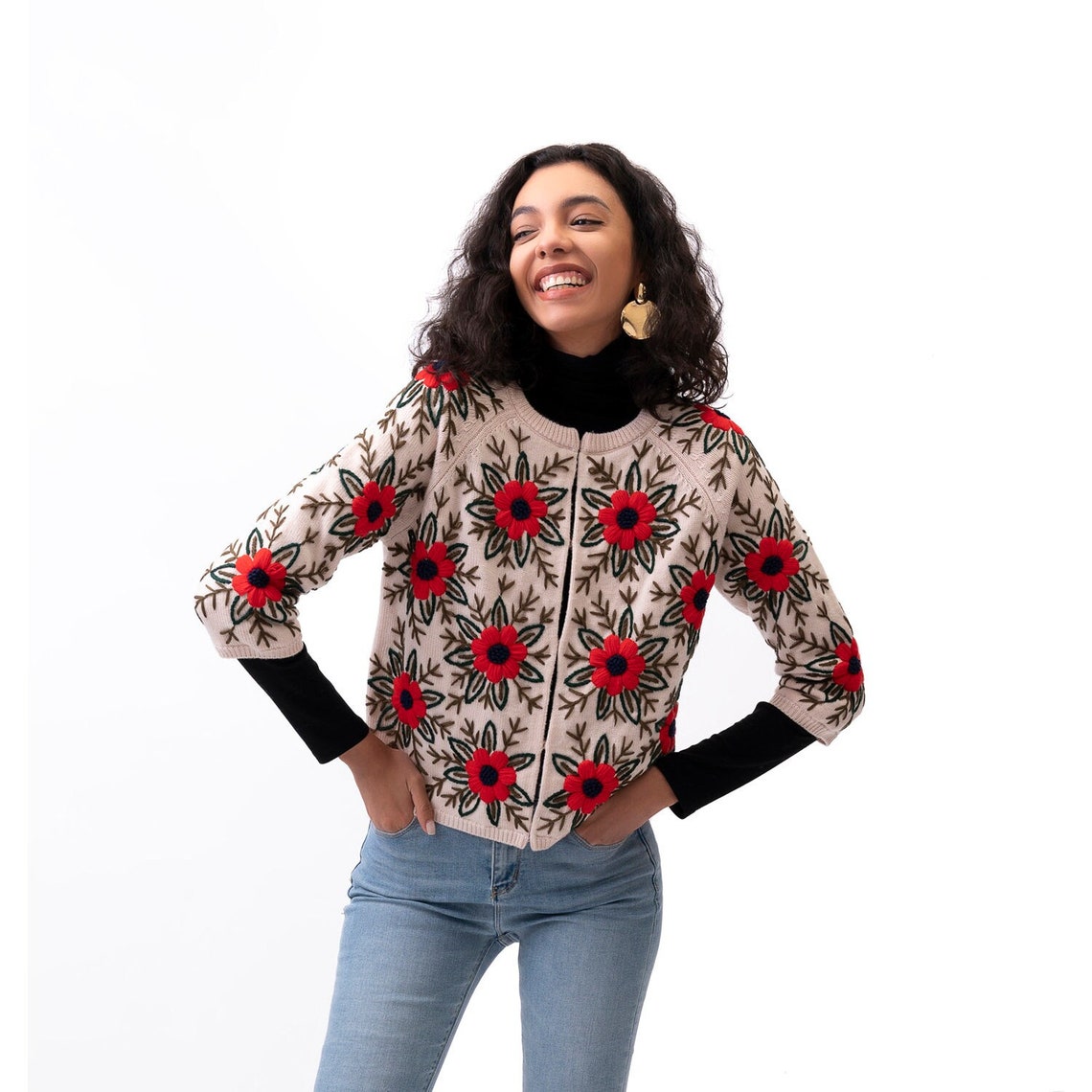 Knitting 100% Wool Coat Cardigan Sweater for Women,3/4 Sleeve Hand Knit ...