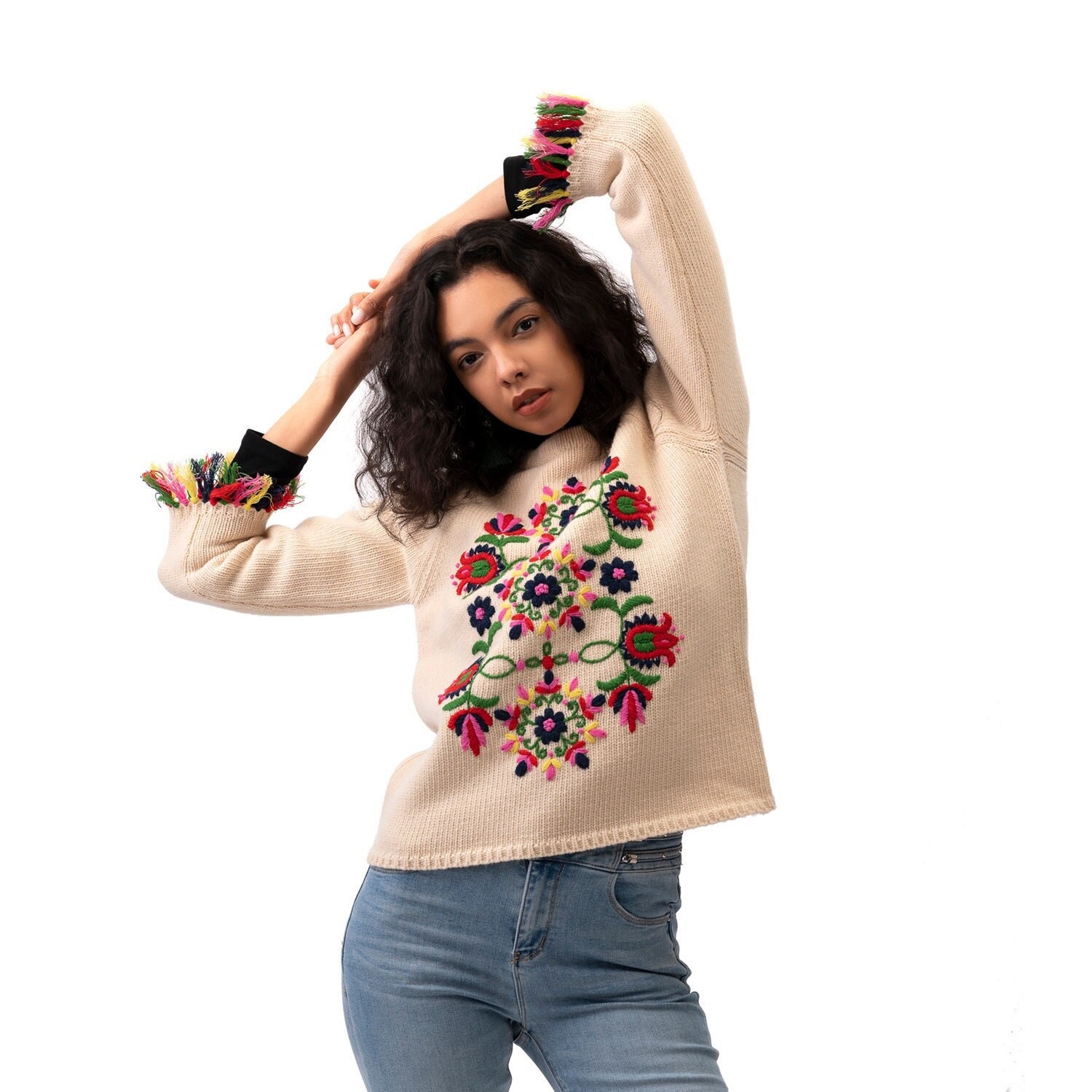 100% Wool Hand Knit Pullover Sweater With Fringe,handmade Clothing ...