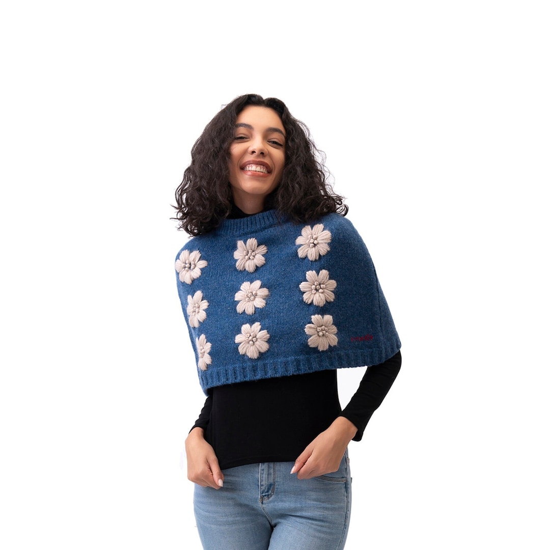 Hand Knit Wool Shrug, Embroidered Floral Cape Poncho - Etsy