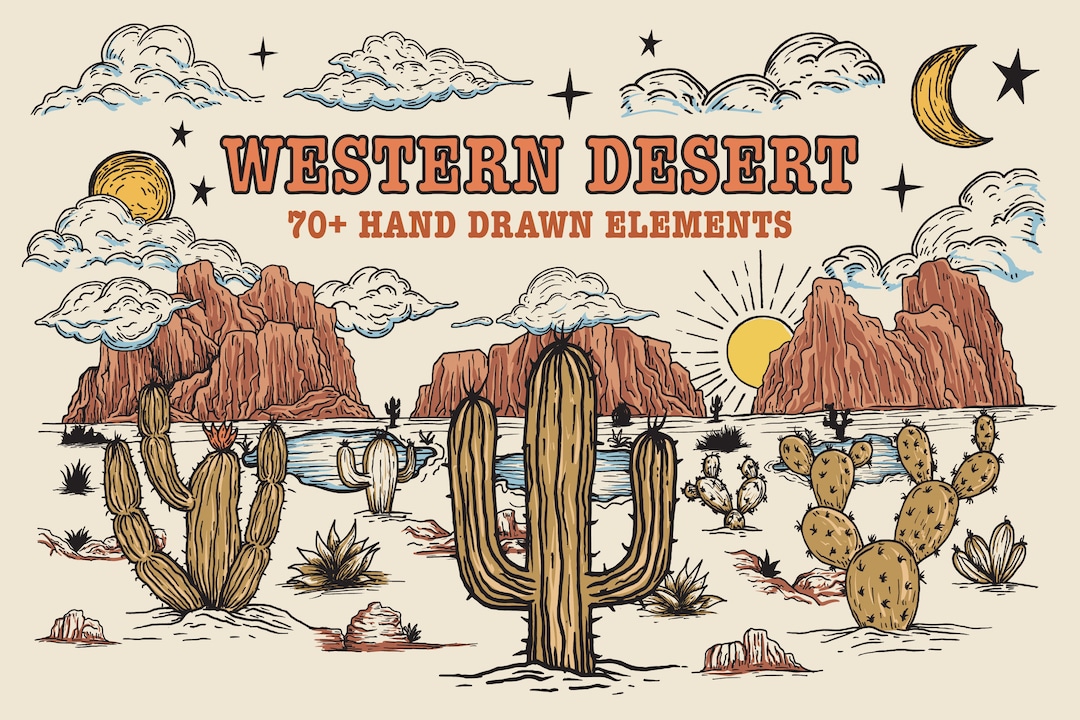 Hand Drawn Western Desert Elements | Western Clipart Elements | Western ...