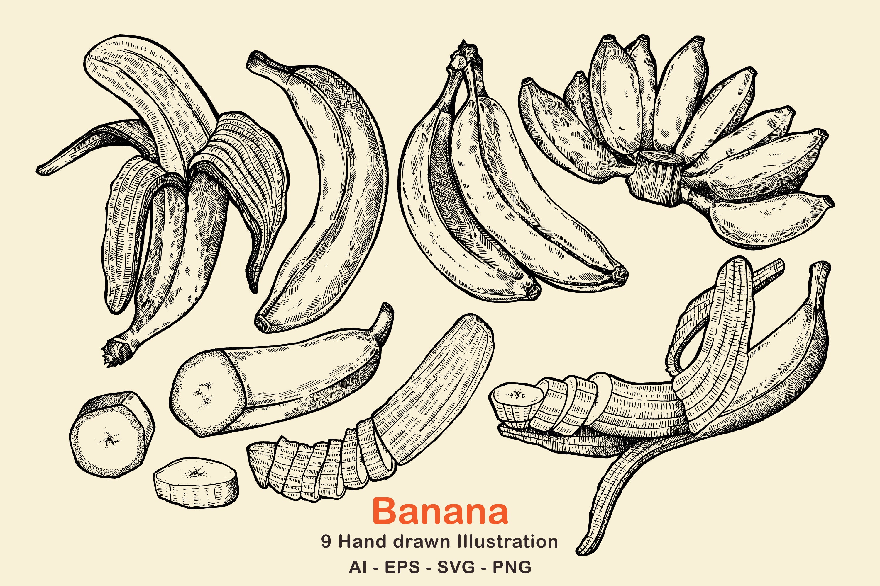 Banana Hand-drawn Illustrations | Banana Drawing Vector | Banana ...