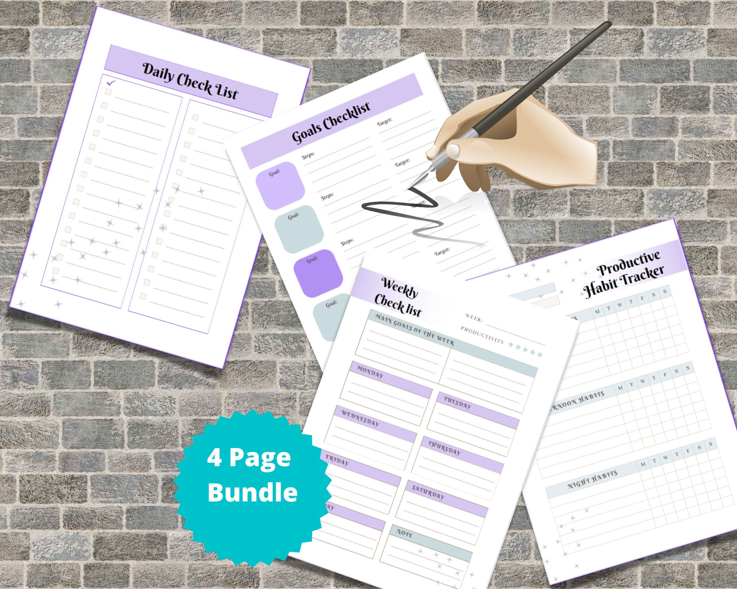 4 Page daily Checklist, Habbit Tracker, Weekly Check List, Goals ...