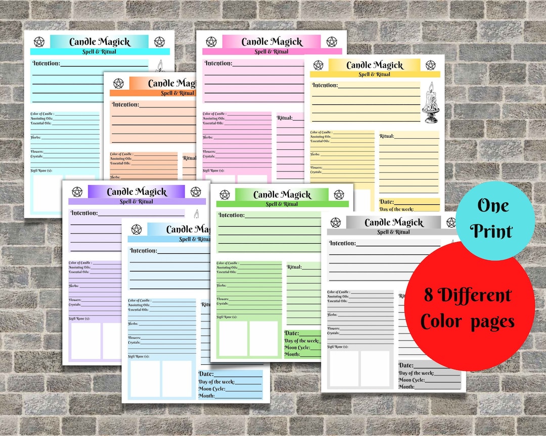 8 Pages Candle Magick Ritual, Spell, Sheet, Planner. 8 Colors One Print ...