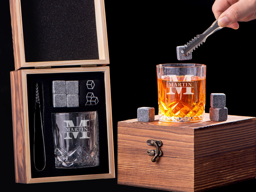 Personalized Whiskey Glass Set With Whiskey Stones and Wooden Box ...