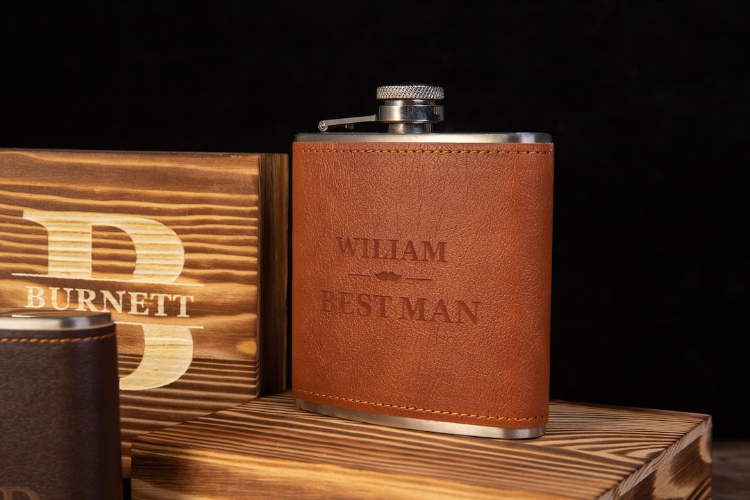 Leather Flask Set With Wood Box, Personalized Flask for Men, Engraved ...