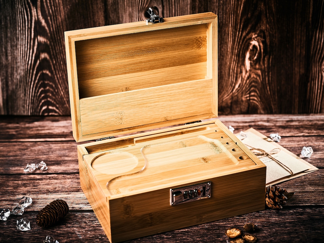 Personalized Stash Box With Lock and Rolling Tray, Bamboo Wood Stash ...