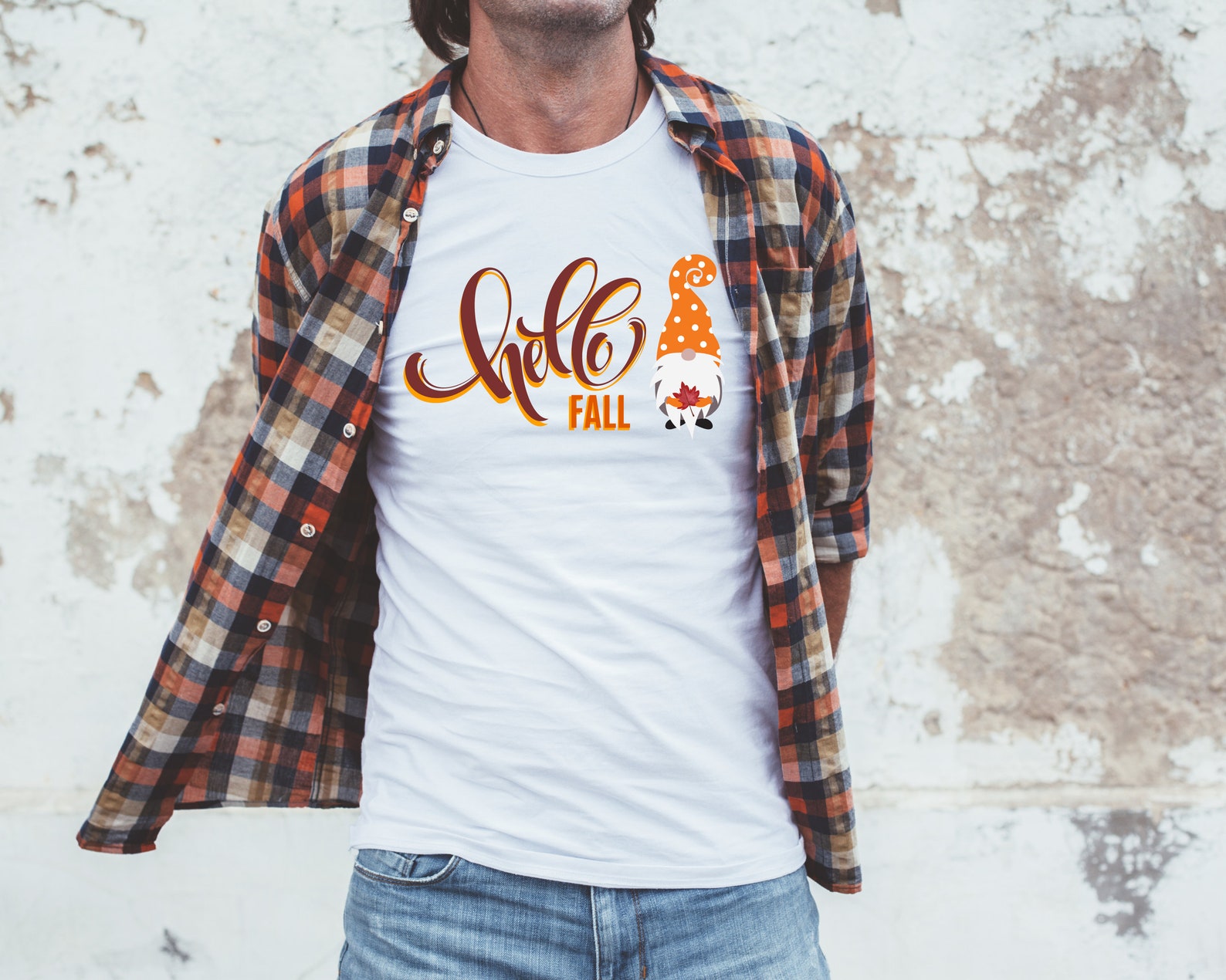 Fall Tee, Hello Fall With Gnome, Cute Fall Letters, Fun Fall Leaves and ...