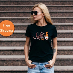 Fall Tee, Hello Fall With Gnome, Cute Fall Letters, Fun Fall Leaves and ...