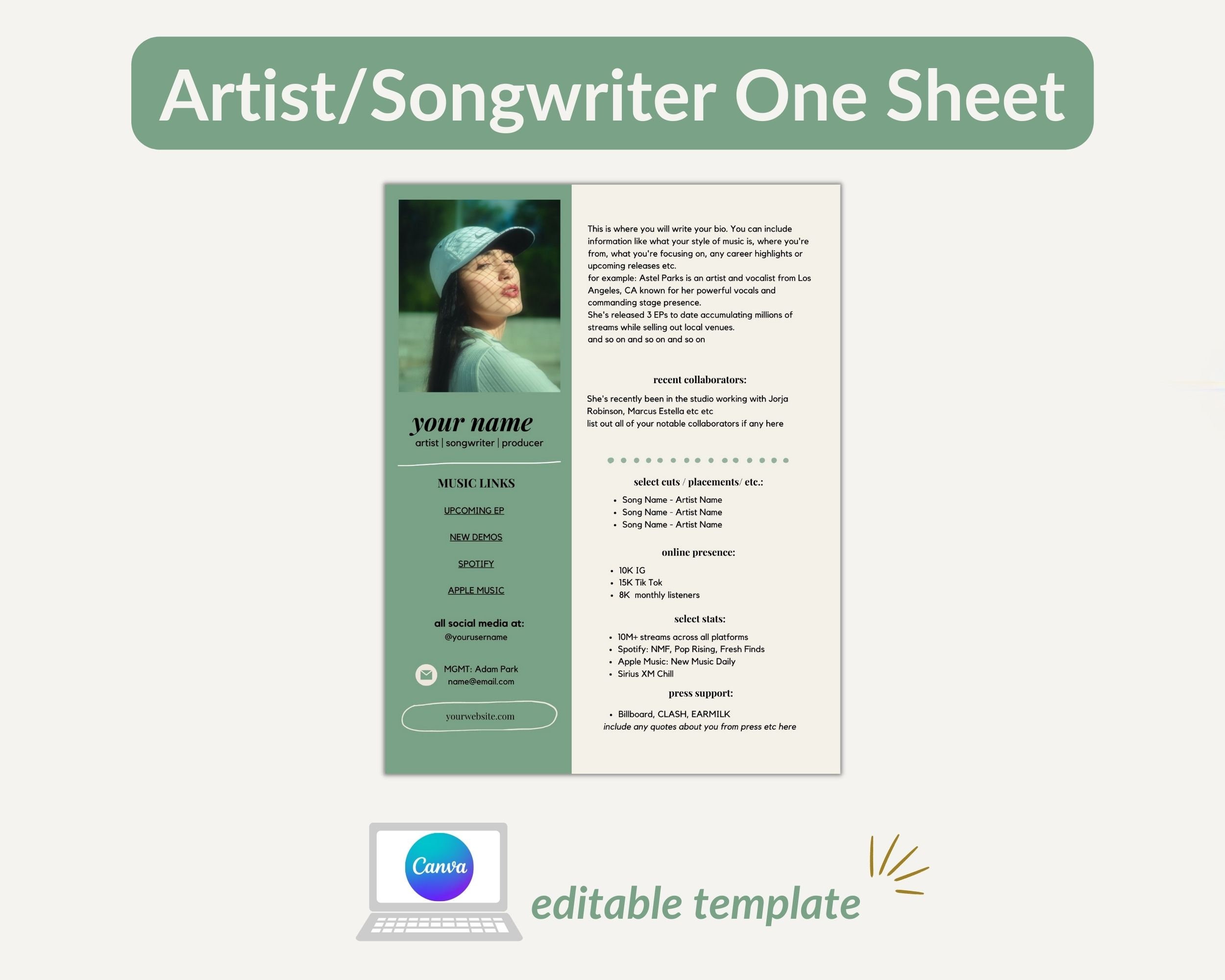 Sage Green 1 Page Media Kit Template for Artists, Songwriters and ...