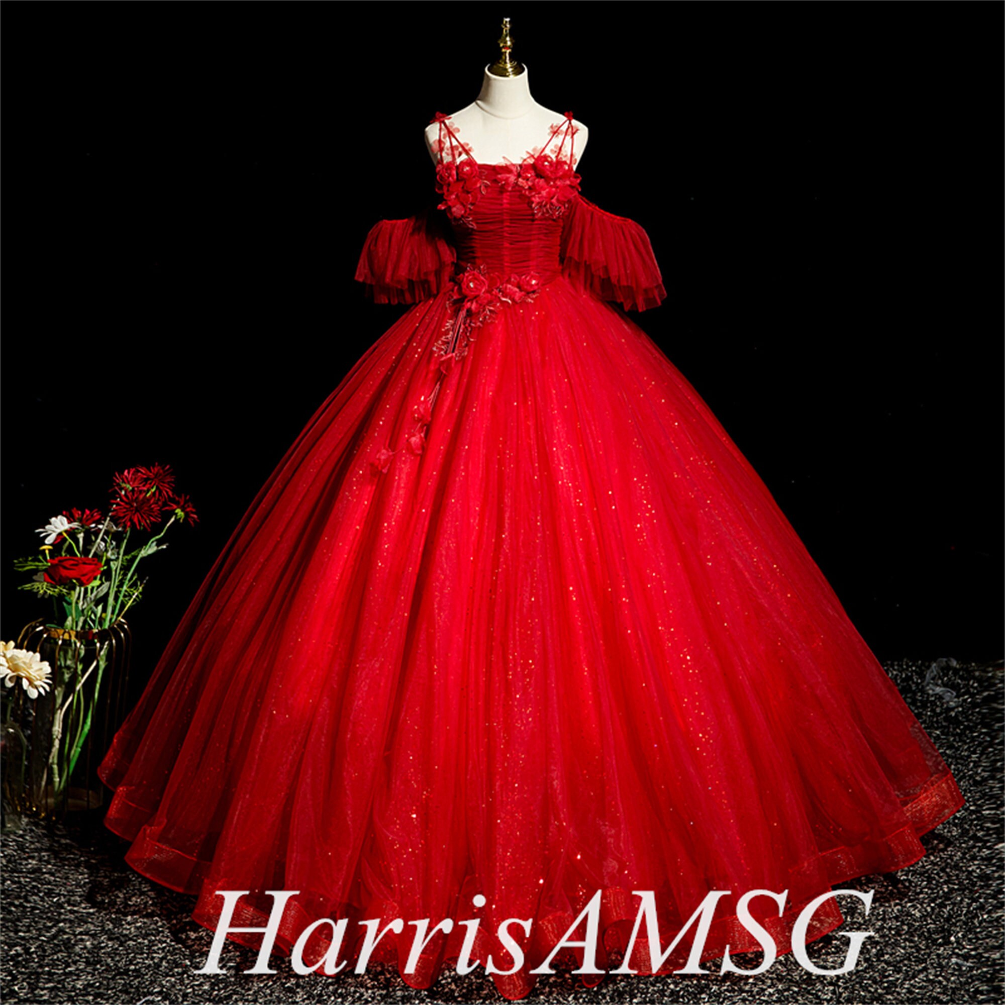 New Red off Shoulder Prom Dress With Short Sleeve Flower Evening Dress ...