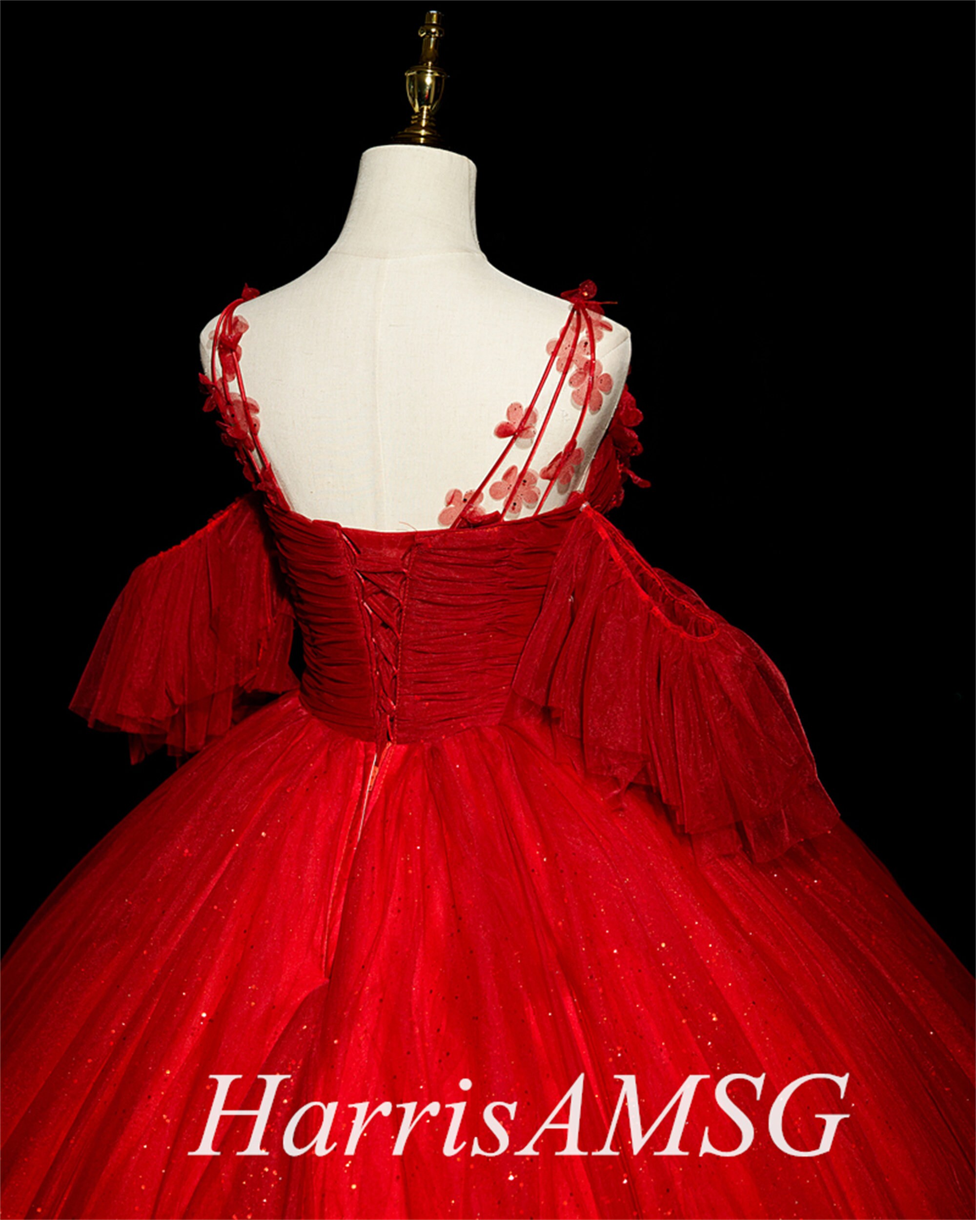 New Red off Shoulder Prom Dress With Short Sleeve Flower Evening Dress ...