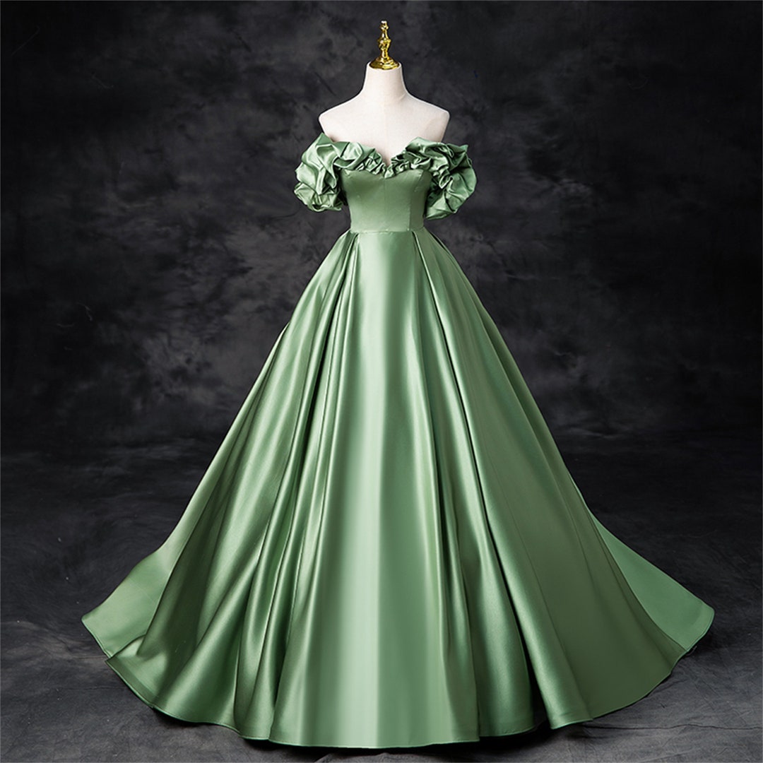 Green Satin Prom Dress off Shoulder Evening Gown Satin Prom Gown Satin ...