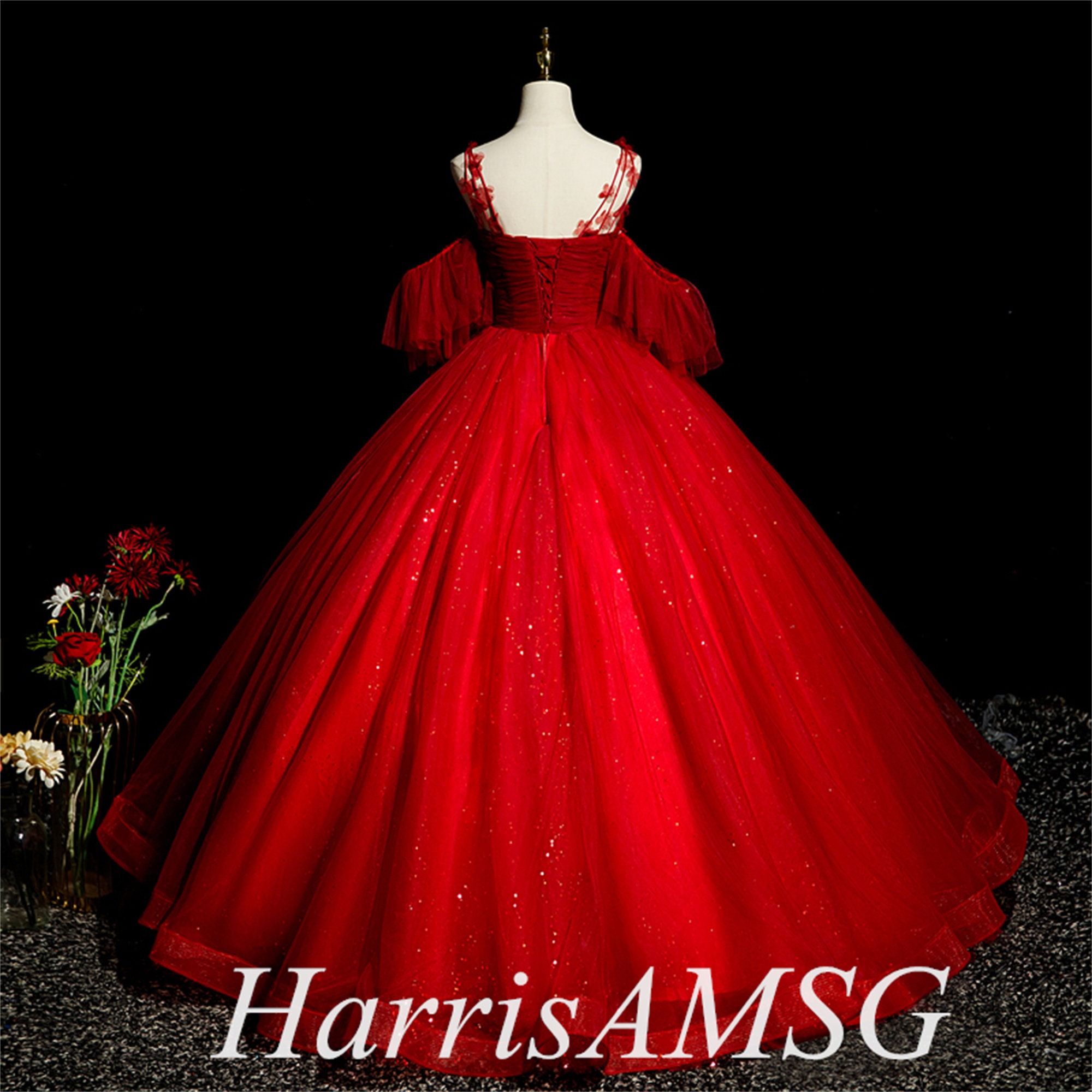 New Red off Shoulder Prom Dress With Short Sleeve Flower Evening Dress ...