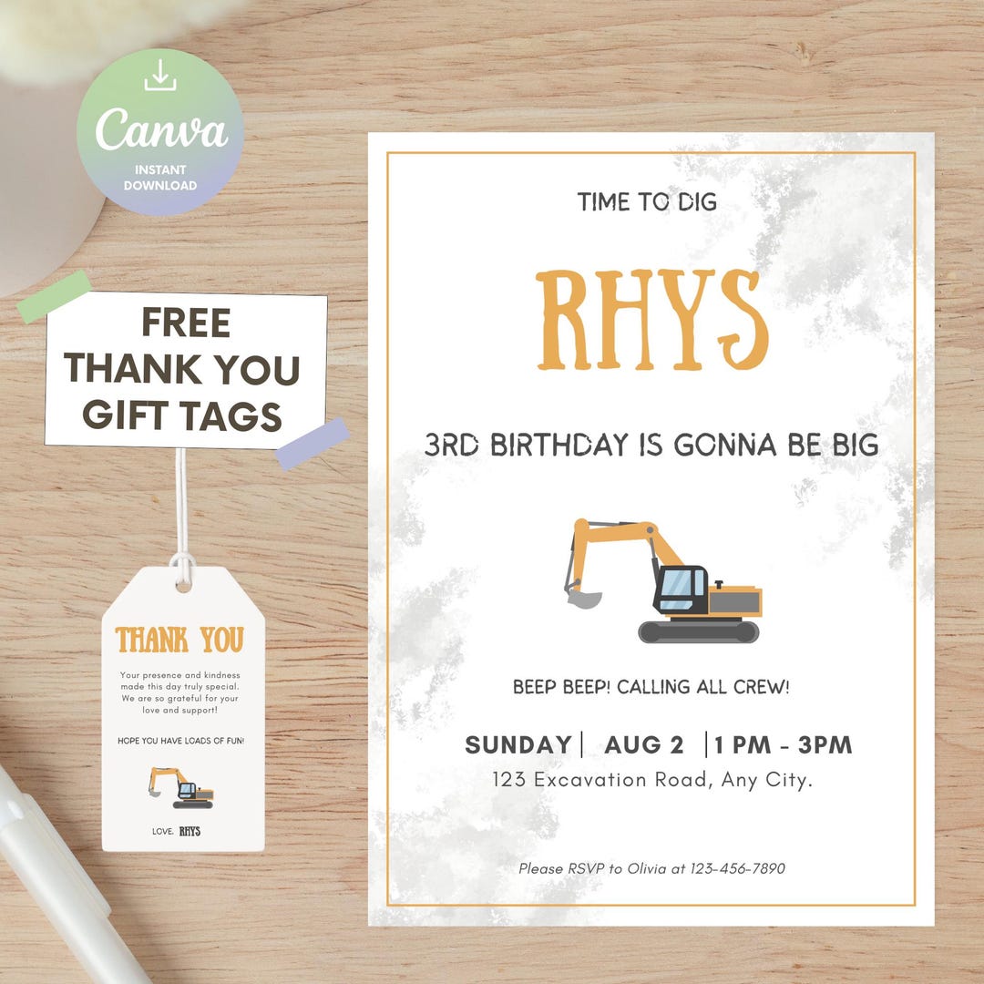 Excavator 3rd Birthday Invitation, Construction Theme Party, Digital ...