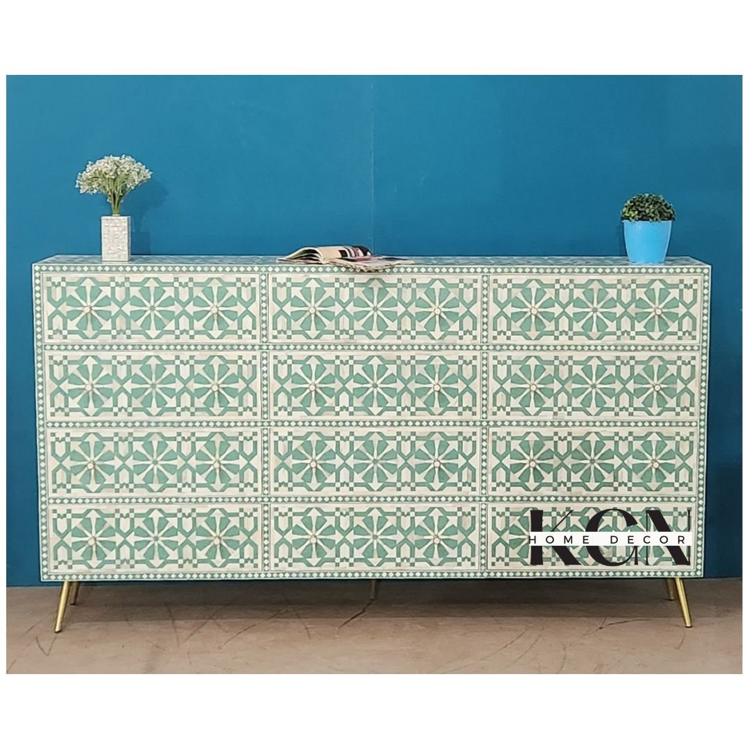 Bone Inlay Moroccan Design 12 Drawers Chest of Drawers Green, Bone ...