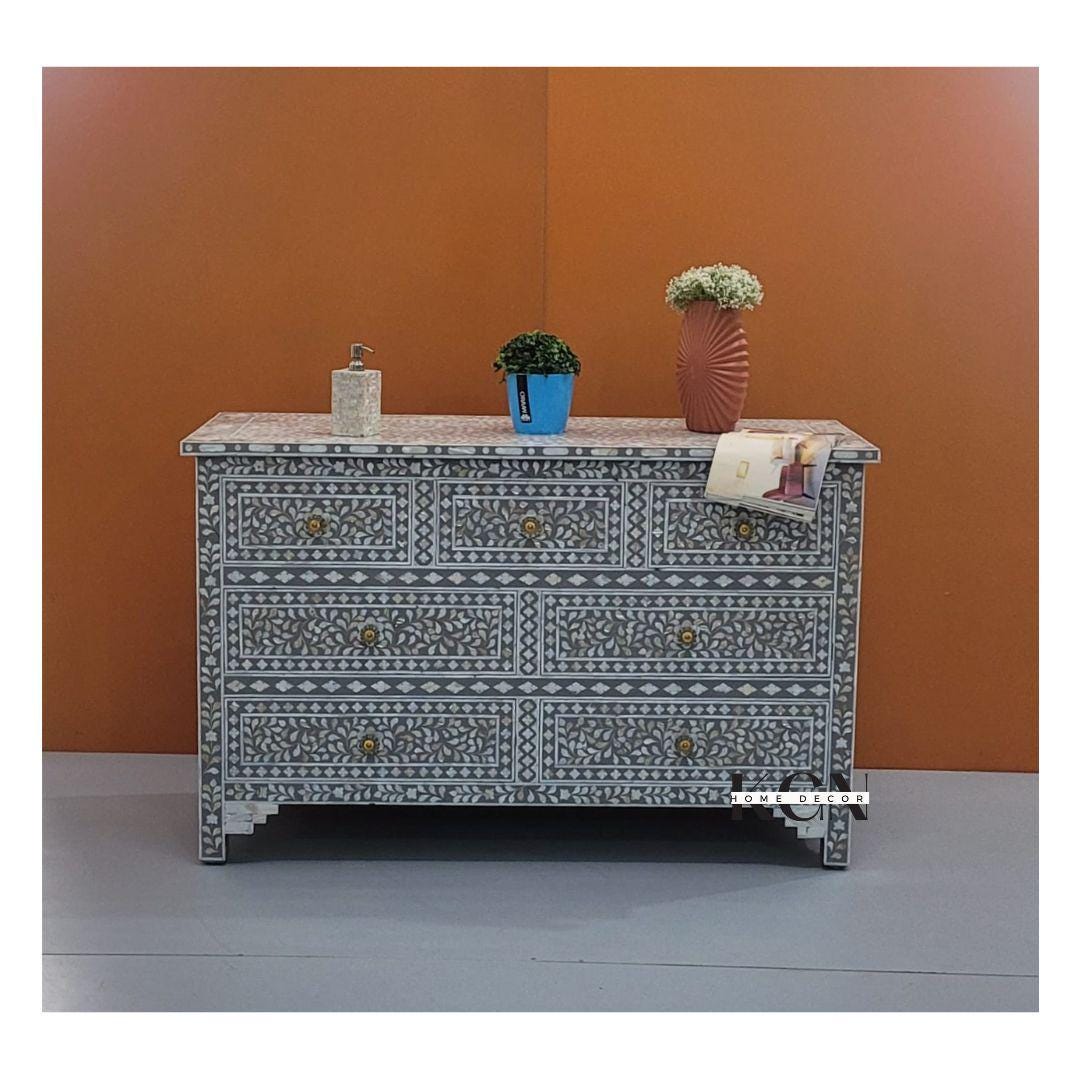 Mother of Pearl Inlay 7 Drawer Grey , MOP Inlay 7 Drawer Dresser , 7 ...