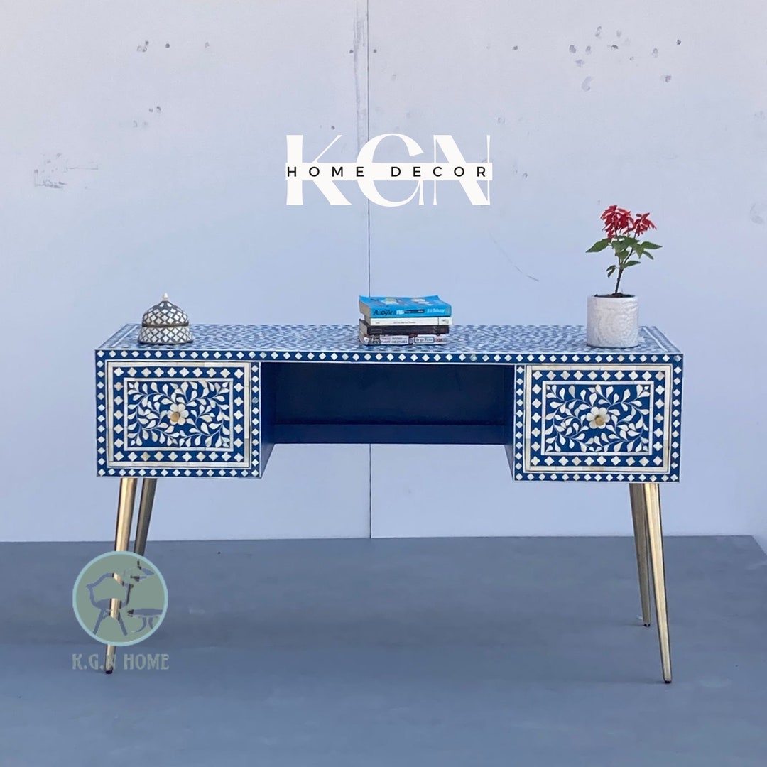Bone Inlay Work Desk Laptop Table Console Table Blue 135W X 76H X 45D ...