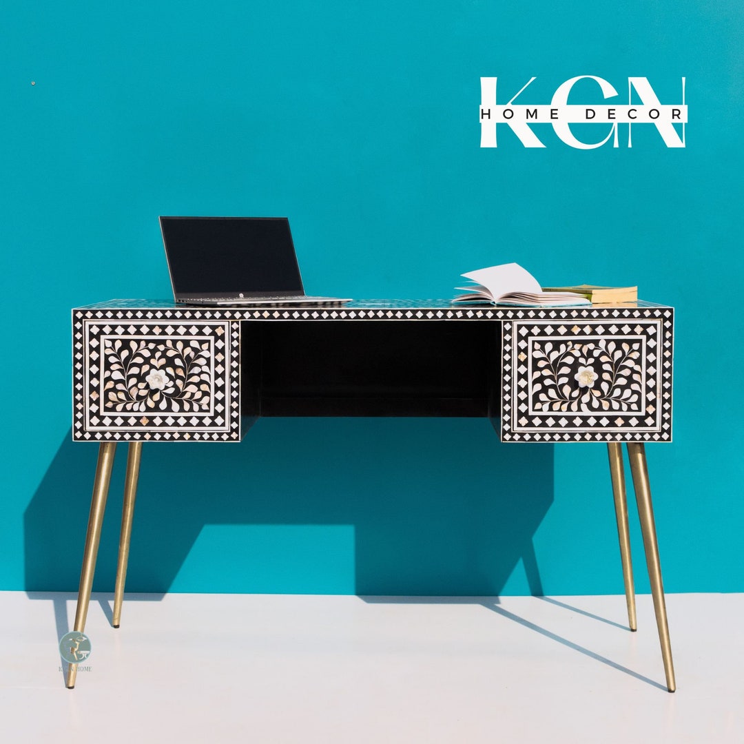 Bone Inlay Work Desk Laptop Table floral Console Table Black 134.62W X ...