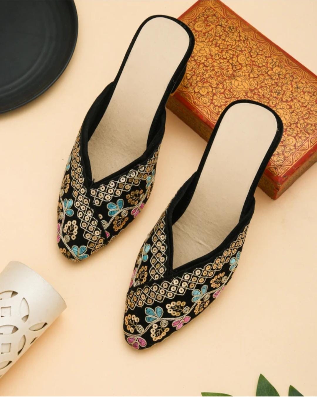 Embroidered Black Heel Mules: Indian Ethnic Bridal Shoes - Etsy