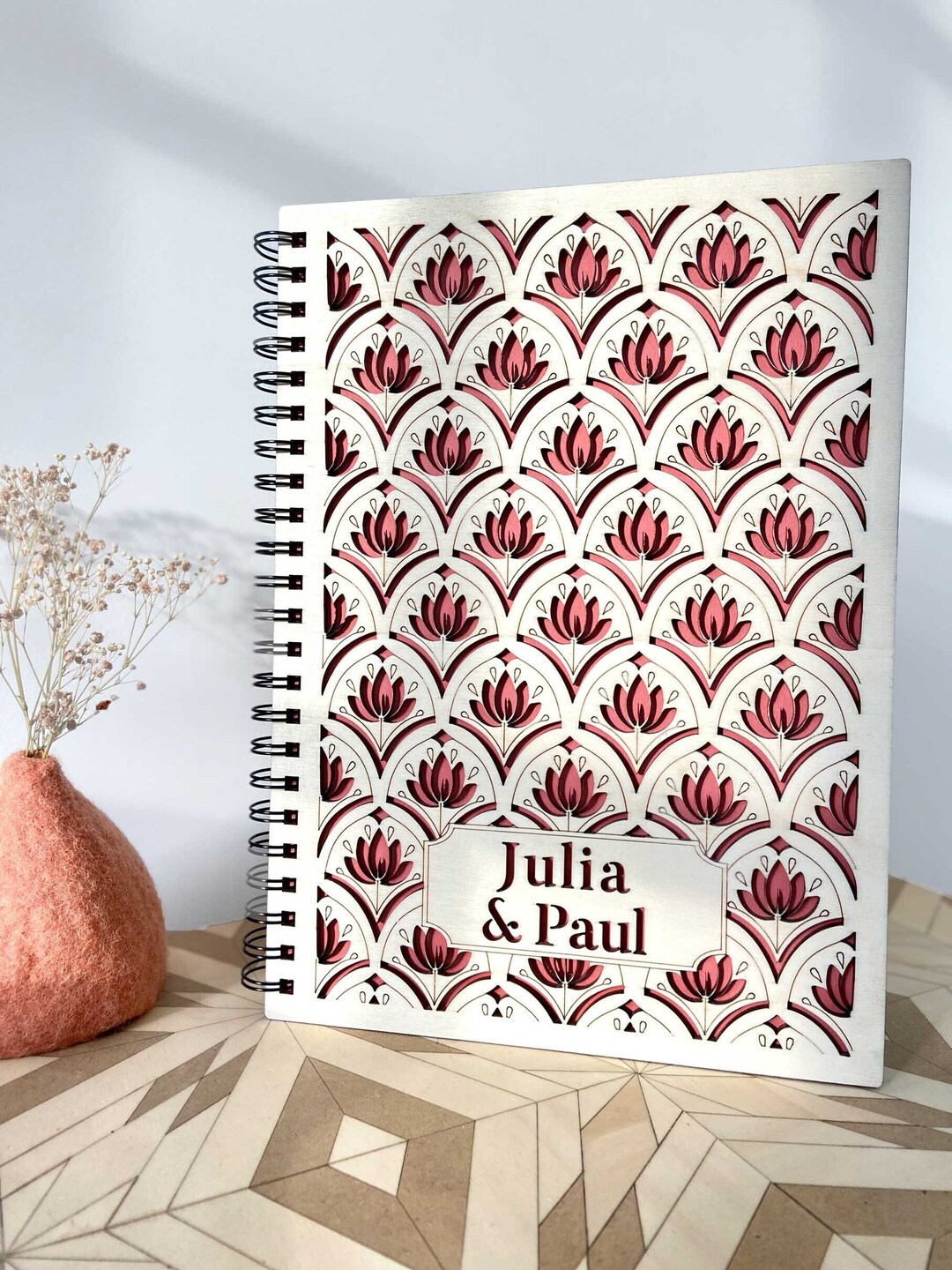 Boho Wedding Guest Book in Engraved Wood With Lotus Flowers ...