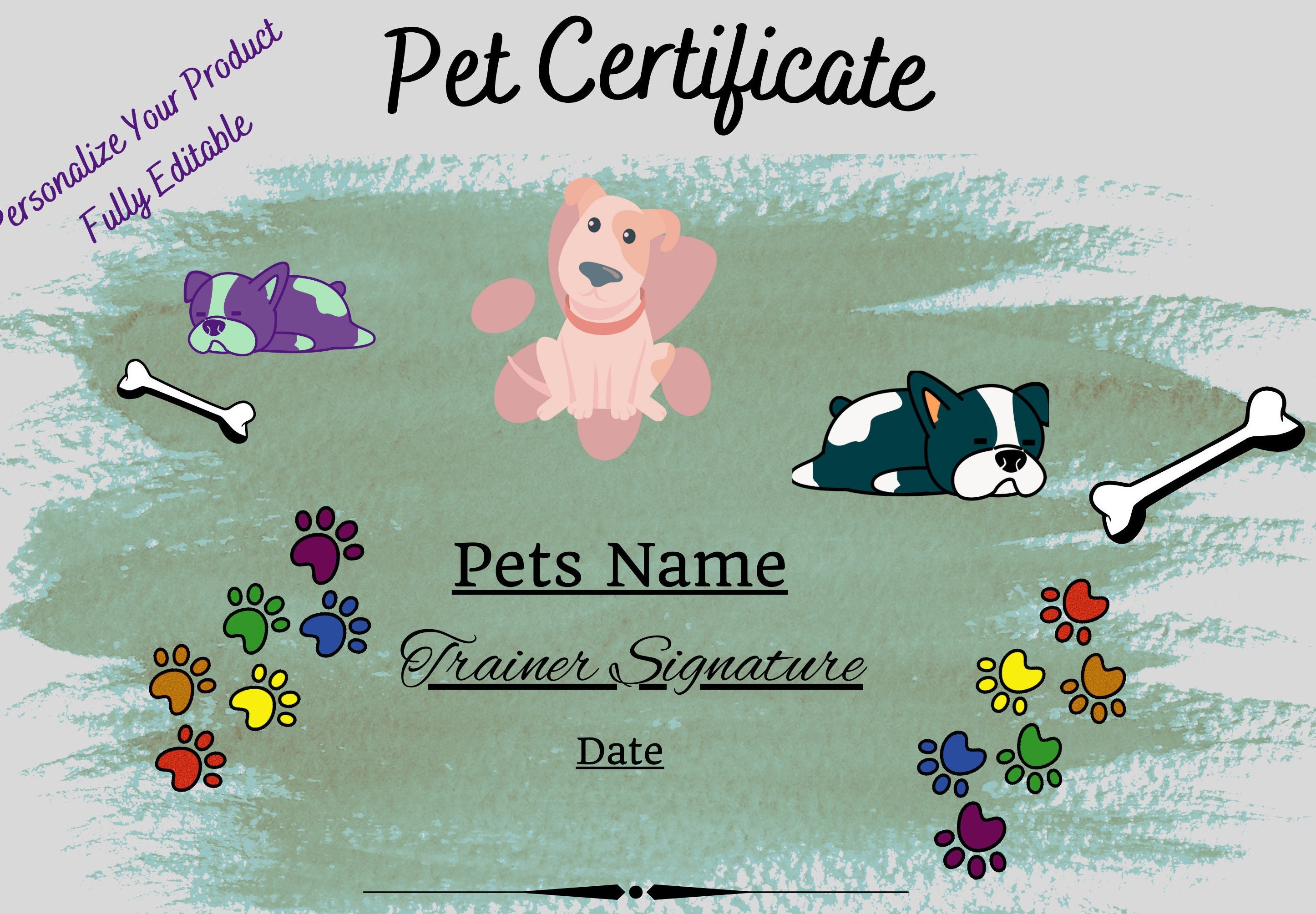 Editable Pet Certificate, Birth Certificate. Pet Birth Certificate, Paw ...