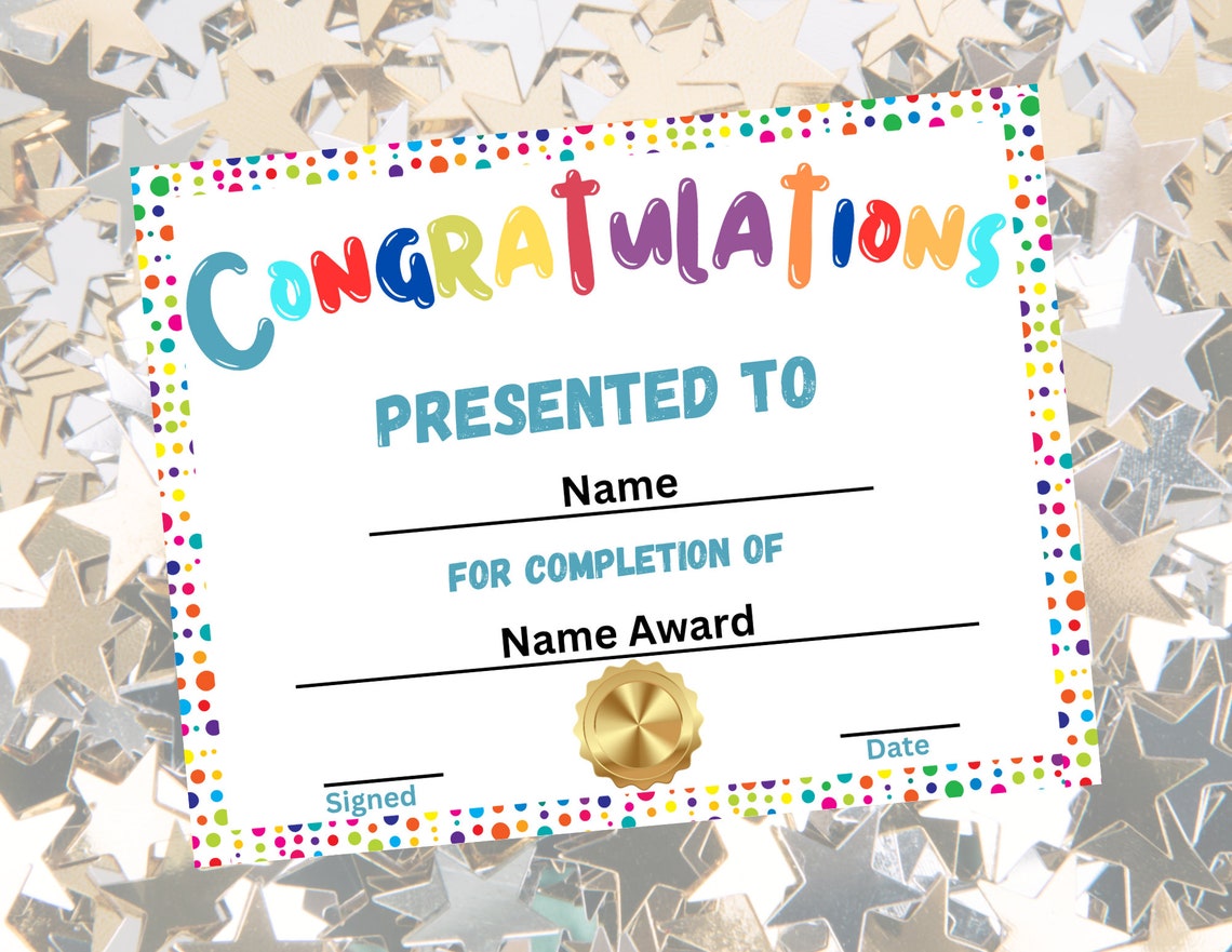 Editable Congratulations, Completion, Awards Kids Certificate - Etsy